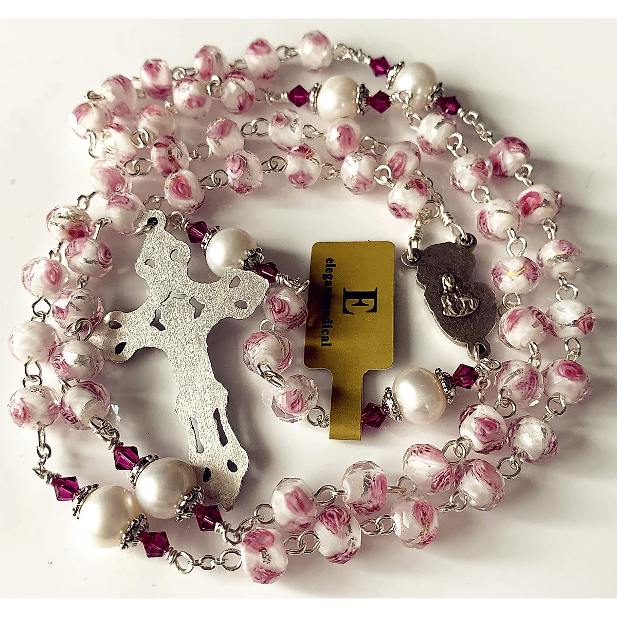 elegantmedical Handmade Veluriyam Rose Beads & Pearl Beads Rosary & Italy Cross Catholic Necklace Gift Box (pink)