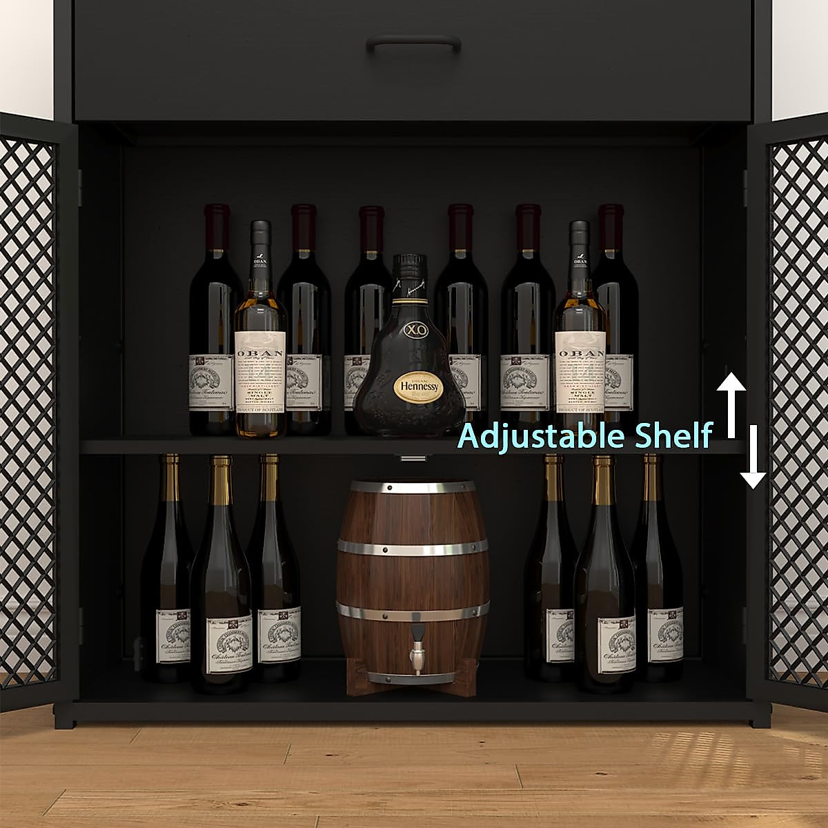 HSH Tall Bar Cabinet, Black Liquor Cabinet with Drawer, Large Modern Wine Cabinet with Storage Shelf and Wine Rack, Industrial Wood Coffee Bar Cabinet for Home Kitchen Living Room, Black Oak, 77 in