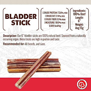 Best Dog Chews Beef Bladder Sticks 100% Naturally Delicious Dog Treat for All Breed Sizes Dogs and Puppies Single Ingredient - Best Long Lasting Dog Chew Dental Treats-Rawhide Free 6 inch (12 Count)