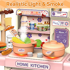 deAO Mini Kitchen Playset Toy,33 PCS Play Kitchen with Realistic Steam and Lights, Role Playing Game Pretend Food and Cooking Playset, Mini Kitchen Accessories Set for 3 4 Girls Boys