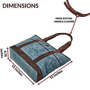 Shoulder Tote Handbag for Women 16 oz Water Repellent Waxed Canvas Real Leather Trim Handmade Purse Zippered Shopper Bag with Pockets (Ocean Blue)