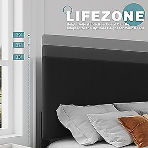 Lifezone Queen Bed Frame with Headboard,Linen Upholstered Bed Frame with Wood Slats Support,No Box Spring Needed,Heavy Duty Feet,Easy Assembly,Dark Grey