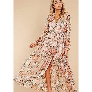 Women's Long Sleeve Floral Maxi Dress V Neck Casual Long Dresses Cocktail Beach Party Maxi Dress Pink