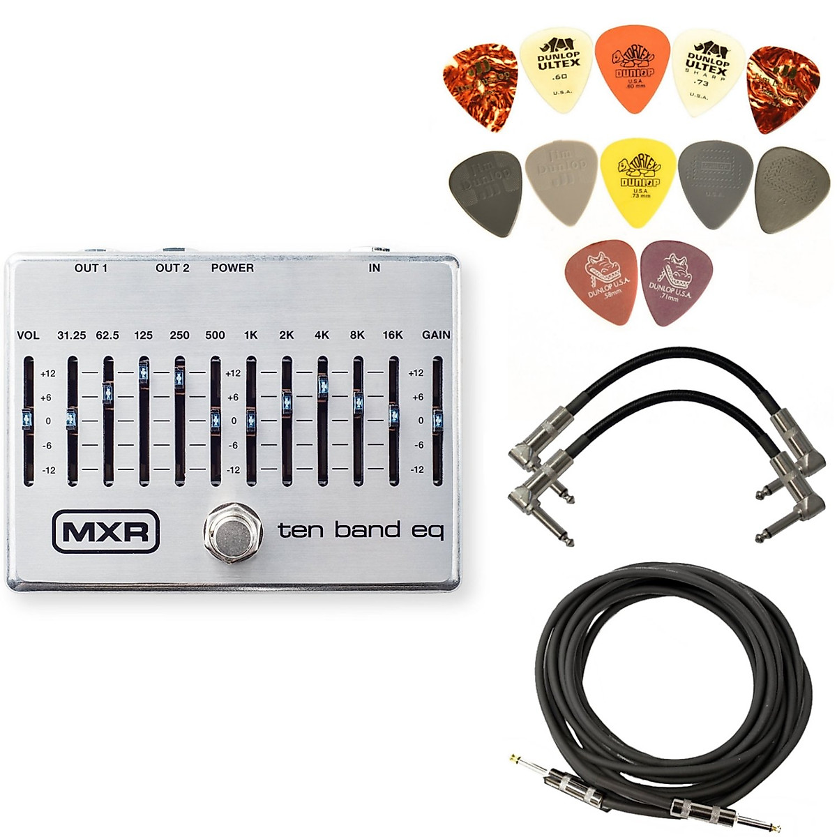 MXR M108S 10 Band Graphic Equalizer Pedal Bundle with Dunlop PVP101 Pack of 12 Picks, Two Patch Cables, and 10' Instrument Cable