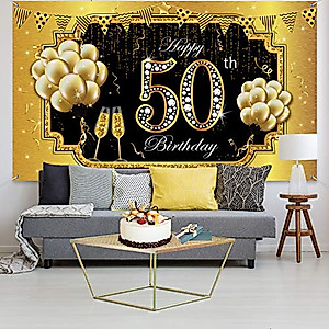 Happy 50th Birthday Backdrop Banner, Extra Large Fabric Black Gold 50 Anniversary Sign Poster 50th Birthday Party Backdrop Background Banner for Men Women 50th Birthday Party Decorations Supplies