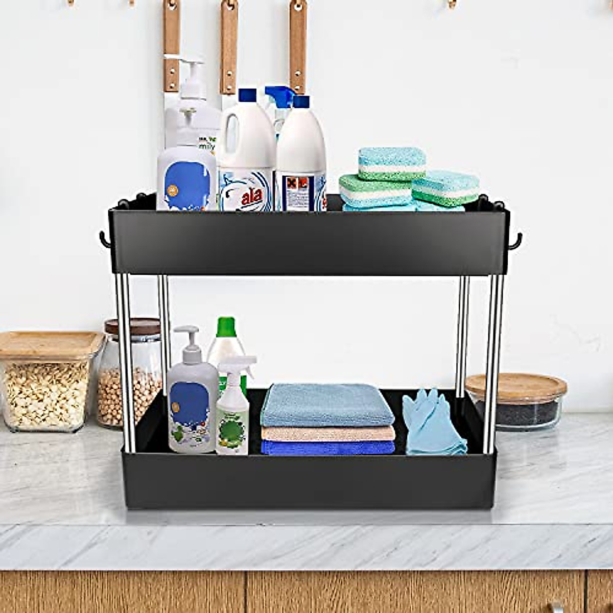 LGHIESO Under Sink Organizer and Storage, Under Bathroom Sink Shelf Organizer Rack, Under Bath Sink Collection Baskets with Hooks, Ideal for Room, Office, Kitchen, Bathroom (Black, 2-Tier)