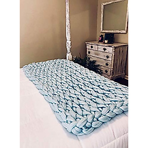 EASTSURE Chunky Knit Blanket Bulky Throw Merino Wool Hand Made Bed Sofa Throw Super Large,Sky Blue,40"x59"