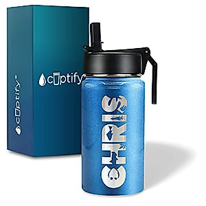 Personalized Kids Water Bottle with Straw Lid on Baby Blue Glitter for School Engraved Custom Children Name 12 oz Modern Insulated Stainless Steel Steel