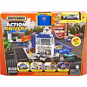 Matchbox Action Drivers Police Station Dispatch Playset with 1 Helicopter & 1 Ford Police Car, with Lights & Sounds