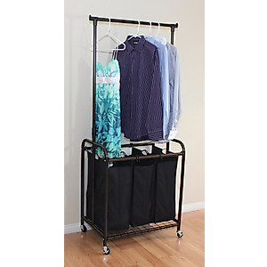 Oceanstar 3-Bag Rolling Adjustable Hanging Bar Laundry Sorter, Bronze