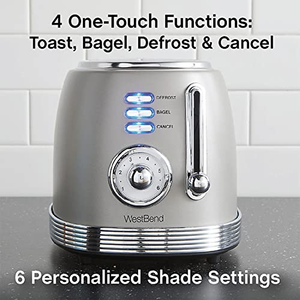 West Bend Toaster 2 Slice Retro-Styled Stainless Steel with 4 Functions and 6 Shade Settings, 850-Watts, Gray