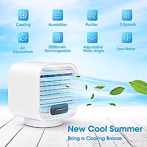 Viopic Personal Air Conditioner, 3 in1 Rechargeable 2000mAh Portable Air Conditioner Air Cooler, 100% Leakproof Design Evaporative Cooler Fan with 3 Speeds for Home and Office-with Water tank