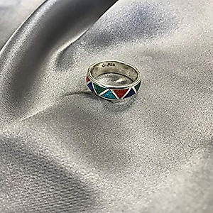 Southwestern Style Multi Gemstone 6mm Wedding Band 925 Sterling Silver Ring for Women Size 12
