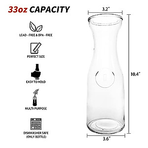 HINGWAH 4 Pack Glass Carafes with Lids, 33 OZ (1 Liter) Glass Water Pitcher Beverage Jug Set, Glass Pitchers Juice Containers for Mimosa Bar Supplies, Parties, Brunch, Iced Tea, Lemonade, Milk