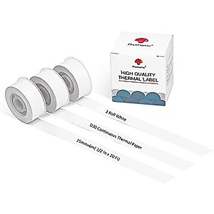 Phomemo 3 Roll D30 Adhesive White Continuous Thermal Label Paper 1/2 in X 20 Ft (15mm X 6m) Black on White, for Phomemo D30/D35 Label Maker