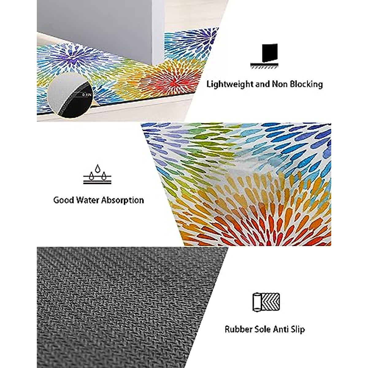 Gogobebe Super Absorbent Diatom Mud Mat Boho Watercolor Floral Summer Quick-Drying Thin Bath Mat Non-Slip Bathtub Mat Anti-Skid Rubber Bathroom Shower Mat 20x32in