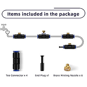 Brass Misting Nozzle Kit, 6 Mister Nozzles + 4 Tee Connectors + 1 End Plug for Outdoor Cooling Misting System