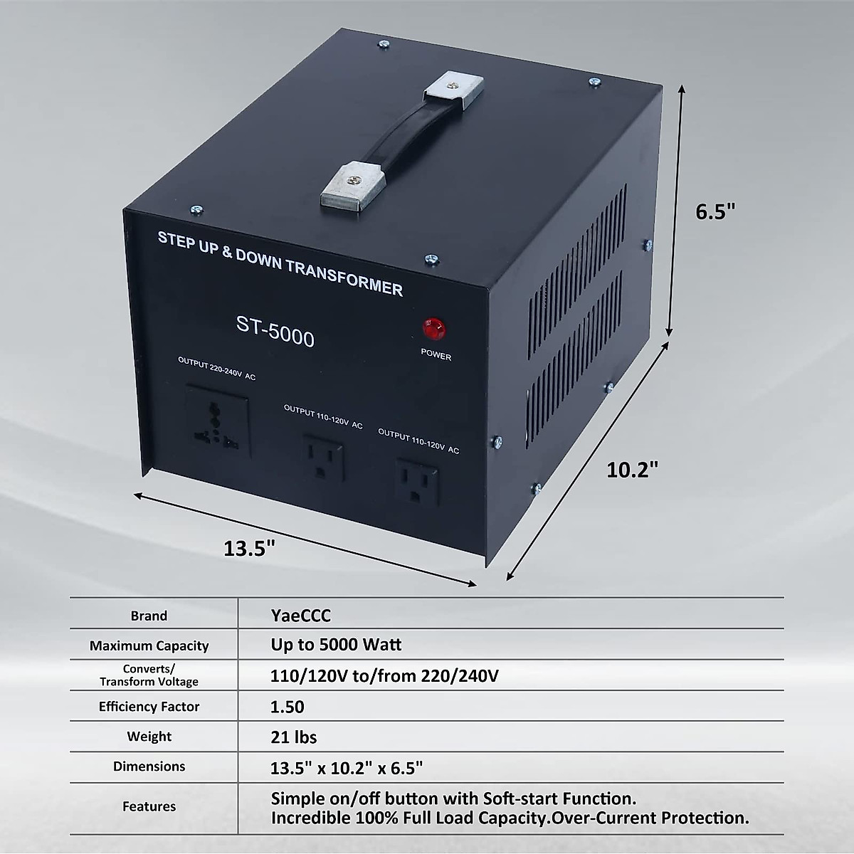 Yaeccc Voltage Converter Transformer, Step Up/Down (220V to 110V, 110V to 220V) - Efficient Power Conversion for International Travel and Home Use (5000W)