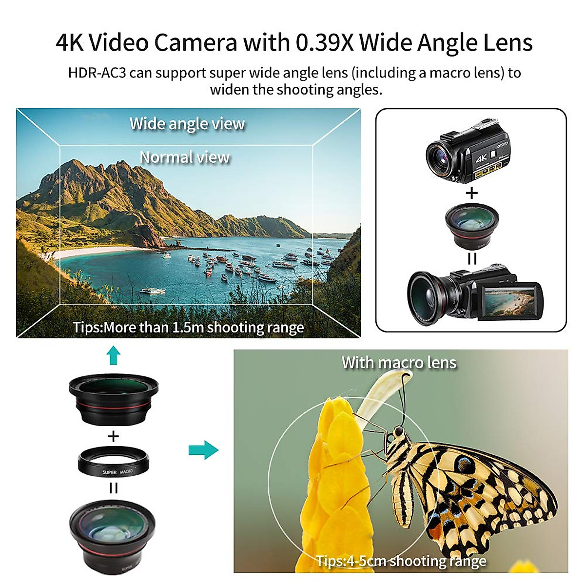 ORDRO 4K Camcorder Video Camera AC3 1080P 60FPS Vlog Camera IR Night Vision WiFi Camcorder with Microphone, Wide Angle Lens, LED Video Light, Handheld Holder, Storage Case and 64GB SD Card
