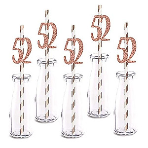 Rose Happy 52nd Birthday Straw Decor, Rose Gold Glitter 24pcs Cut-Out Number 52 Party Drinking Decorative Straws, Supplies