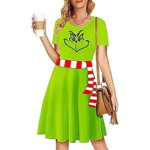 Womens Christmas Green Monster Dress Halloween Grinch Costume Dresses Fancy Flare Dress XL