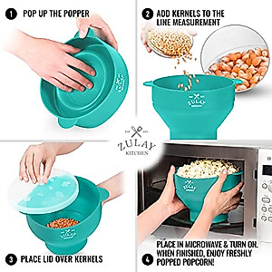 Zulay Kitchen Large Microwave Popcorn Maker - Silicone Popcorn Popper Microwave Collapsible Bowl With Lid - Family Size Microwave Popcorn Bowl - 15 Popcorn Cup Capacity (Aqua)