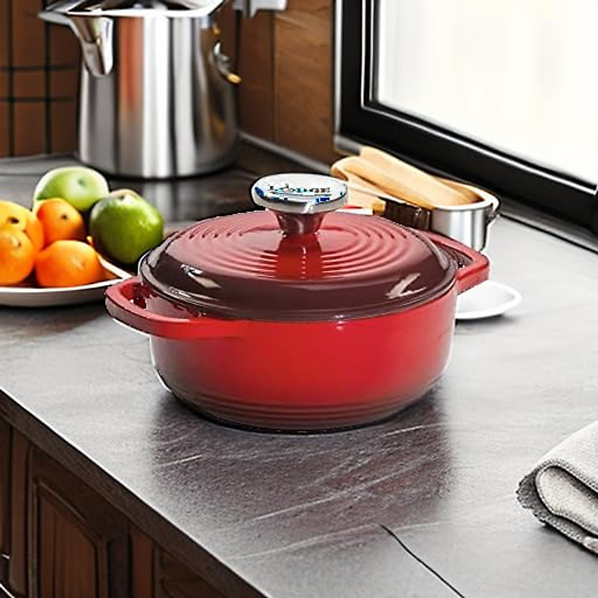 Lodge 1.5 Quart Enameled Cast Iron Dutch Oven with Lid – Dual Handles – Oven Safe up to 500° F or on Stovetop - Use to Marinate, Cook, Bake, Refrigerate and Serve – Red