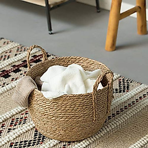 Vintiquewise Decorative Round Wicker Woven Rope Storage Blanket Basket with Braided Handles - Medium