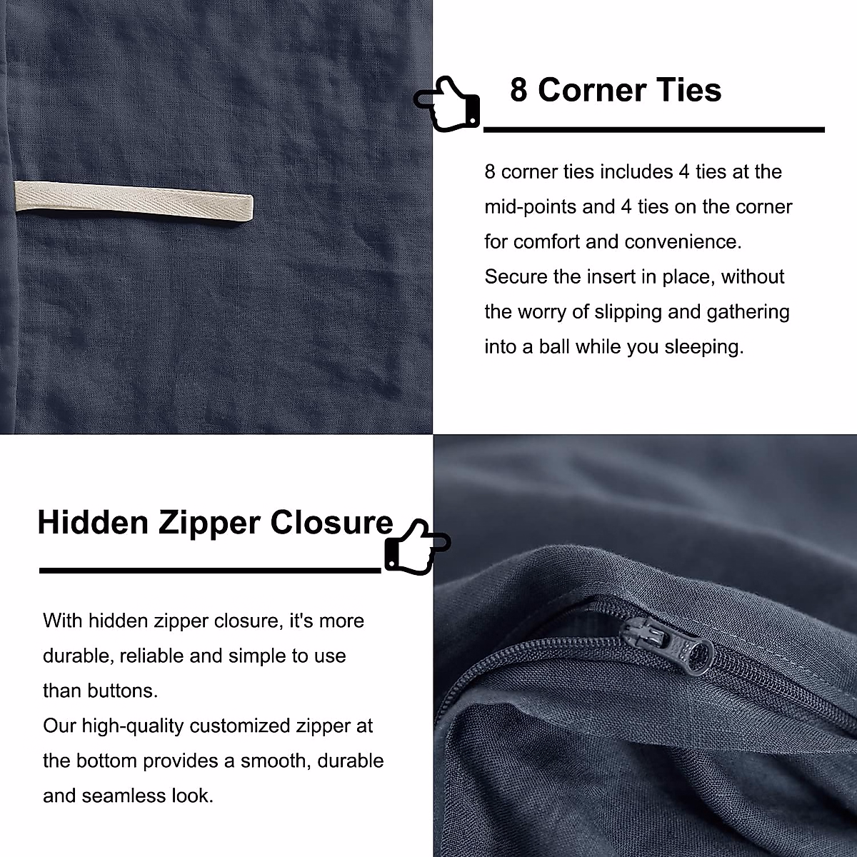 TOSMO Linen Duvet Cover Set, 100% French Flax Natural Linen Bedding 3pcs Set, Soft Breathable for Hot Sleepers 1 Duvet Cover and 2 Pillowcases (Blue Grey, King)