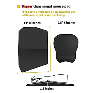 SOUNDANCE Ergonomic Mouse Pad with Wrist Rest Support, Thick Mousepad Relief Carpal Tunnel Pain, Entire Memory Foam with Non-Slip PU Gel Base for Computer Laptop Desktop Home Office, 14 x 8 Inch Black