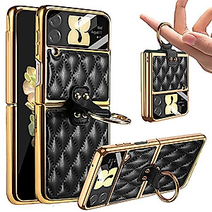 Miimall for Samsung Galaxy Z Flip 4 Leather Case with Ring Holder Stand, Luxury Rhomboid Leather Back Cover Electroplating Frame with Camera Lens Protector Case for Galaxy Z Flip 4 2022(Black)