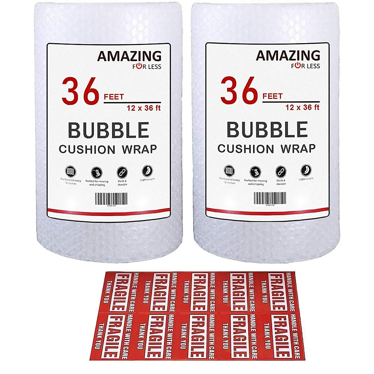 Bubble Cushioning Wrap 12 inch x 36 ft. - 72 Feet Total [2 Rolls of 36 Feet] Bubble Cushioning Wrap for Packing Moving Supplies Perforated Every 12" Amazing For Less (2-Rolls (72 Feet))