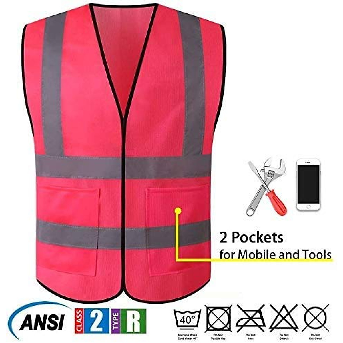 JSungo High Visibility Safety Vest 10 Pack ANSI Class 2 Security Vest with 2 Inch Reflective Silver Strip, Women Construction Vest for Night Running, Jogging, Cycling Walking (Pink)