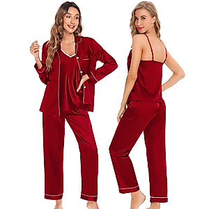 SWOMOG Womens 4pcs Pajamas Sets Silk Satin Pjs Sexy Cami Shorts Set Button Down Long Sleeve Sleepwear Loungewear, Red Medium
