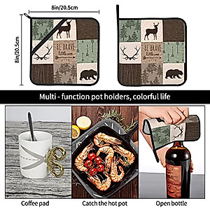 Farmhouse Rustic Bear Deer Elk Moose Green Pot Holders for Kitchen,Heat Resistant Pot Holders Sets Oven Hot Pads Terry Cloth Pot Holders for Cooking Baking 2Pcs