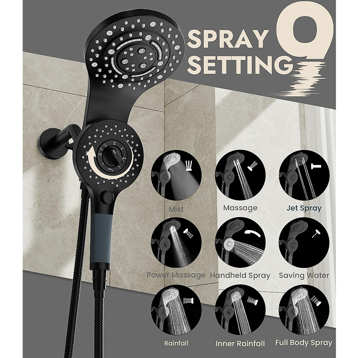 Shower Heads With Handheld Spray Combo, High Pressure 2 IN 1 Rainfall Shower Head with 9 Spray Modes, Anti-leak Shower Faucet with 72'' Stainless Steel Hose & Magnetic Hand Held Shower (Matte Black)