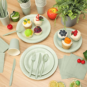 Dandat 168 Pcs Bridal Shower Decorations Baby Shower Party Supplies Include Baby Shower Plates and Cups and Napkins Sets with Plastic Forks Knives Spoons for Wedding Birthday (Sage)