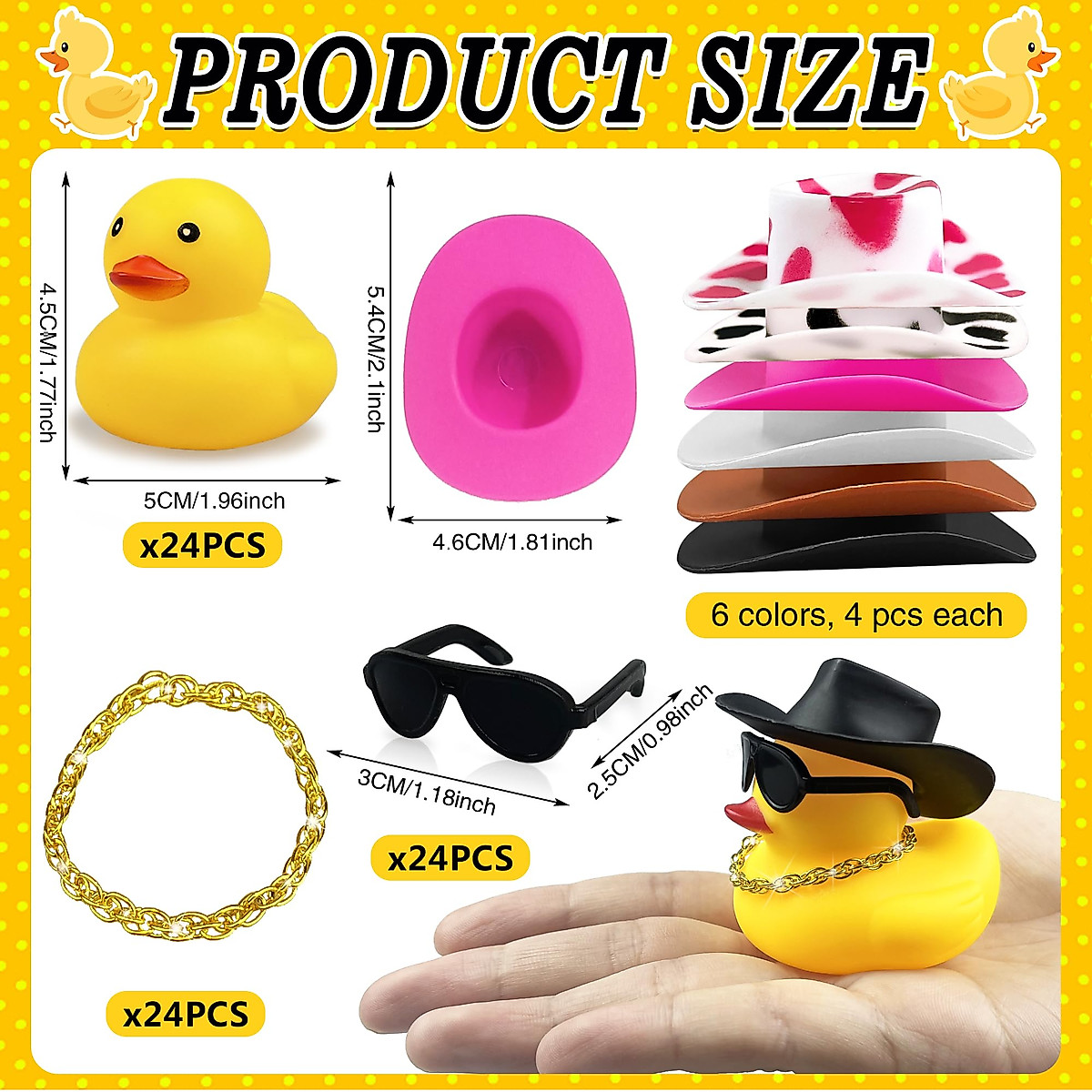 HAVAGDTM 24 Set Cowboy Rubber Duck with Mini Hat Necklace and Sunglasses Bath Duck Toy for Baby Shower Birthday Swimming Party Gift Favor Decorations