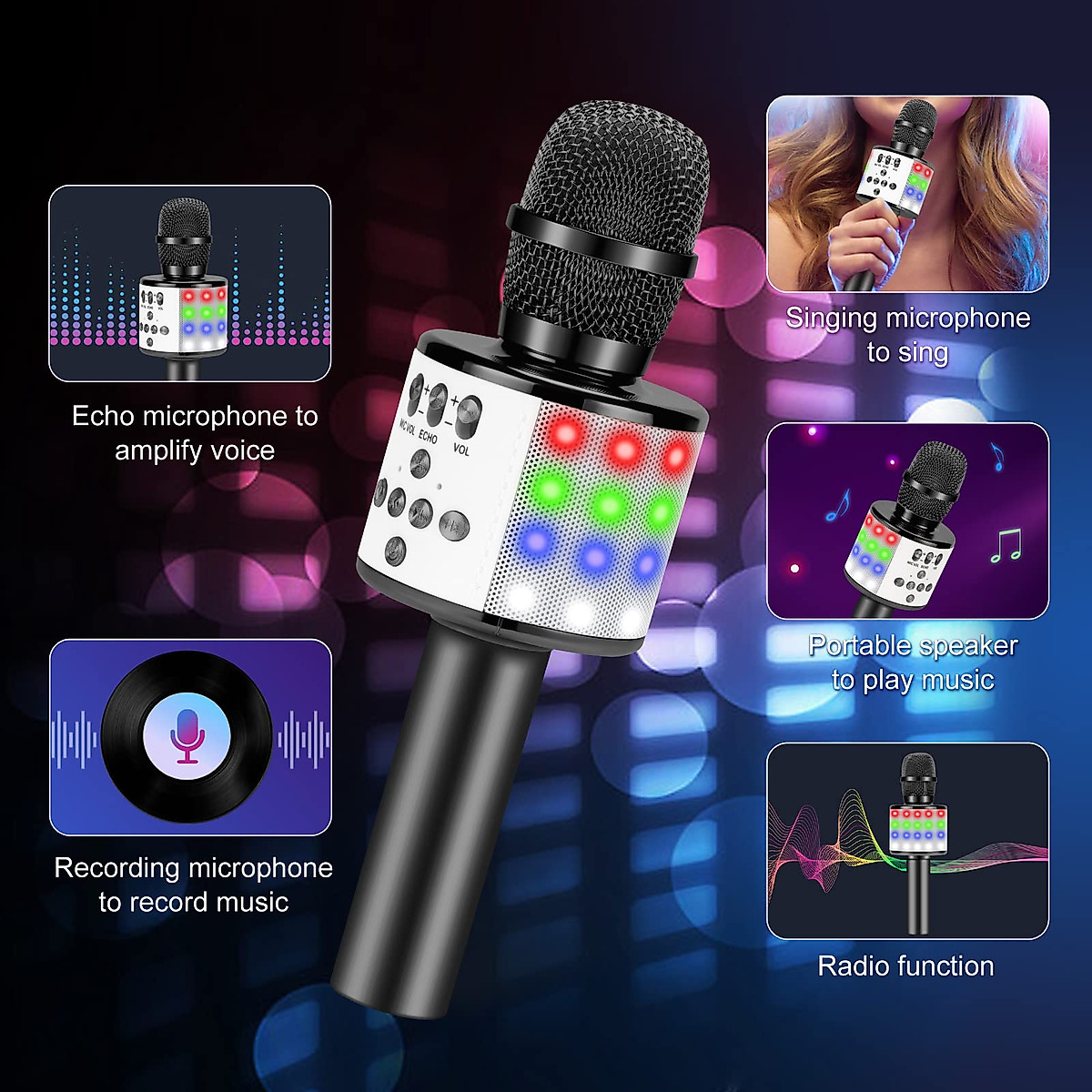 Anitiate Toy Microphone for Kids, Handheld Wireless Bluetooth Microphone for Adults with LED Lights Portable Karaoke Mic Speaker Player Recorder Machine for Birthday Home Party (Black)