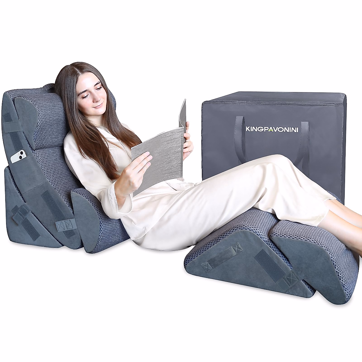 KingPavonini 6PCS Orthopedic Bed Wedge Pillow for Sleeping, Post Surgery Memory Foam for Back, Neck, Leg Support, Acid Reflux, Gerd with Travel Bag (Gray, 20'')