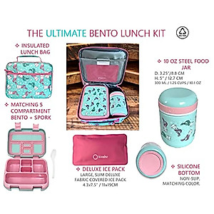 Bento Box with Stainless Steel Food Thermos for Hot Food or Soup, Insulated Lunch Bag, and Ice Pack Set for Kids Girl Toddlers. Ages 3 to 7 Pink Aqua Cat Mermaid