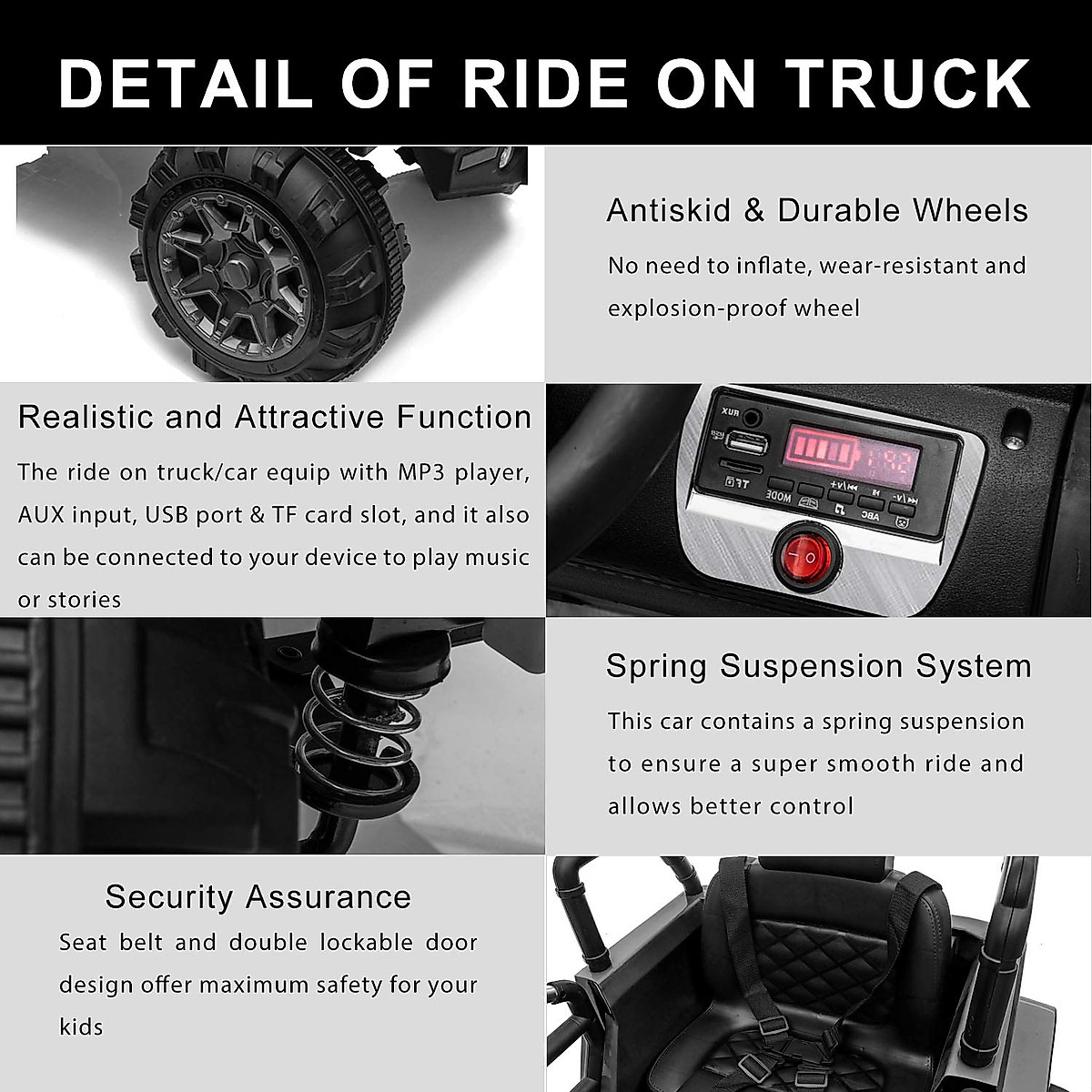 OTTARO Kids Electric Car Ride on Car Truck, Battery Kids Car w/Parent Remote Control, 12V Battery Powered Electric Car for Kids, 3 Speeds,Spring Suspension, MP3 Player (Black)