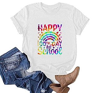 100 Days of School Learning & Laughs Women's Letter Print Tee T-Shirt Funny Cute Shirt Tops Teacher Summer Outfit 2023