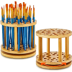 Beeveer 2 Pieces 360 Rotating Paint Brush Holder 40 Holes Wooden Paint Brush Organizer Large Capacity Paint Brush Holder for Artist Paint Brush Storage for Desk Arts Crafts Supply Organizer