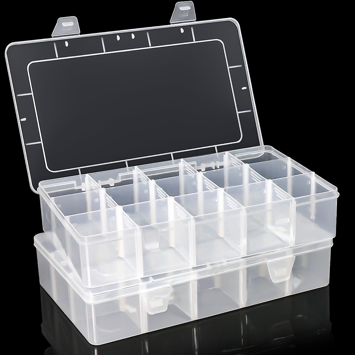 Rinrda 2 Pack Large 15 Girds Clear Plastic Organizer Box - Container with Adjustable Dividers for Bead,Jewelry,Craft,Fishin,Small Parts