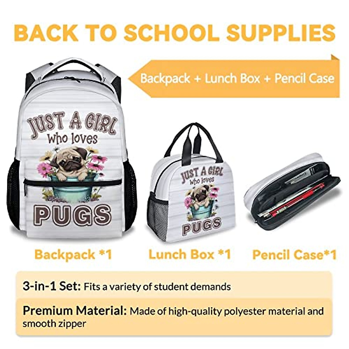 COOPASIA Cute Pug Backpack with Lunch Box and Pencil Case, 16 Inch Dog Theme Bookbag with Adjustable Straps, Durable, Lightweight, Large Capacity, School Backpack for Kids Girls Boys