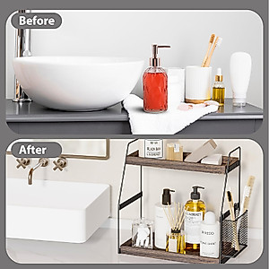 Fixwal Countertop Organizer for Bathroom, 2-Tier Wood Bathroom Counter Organizers with Basket Sink Shelf Cosmetic Storage Standing Vanity Tray Makeup Kitchen Spice Rack, Dark Brown