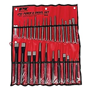 Performance Tool W7540 28-Piece Punch and Chisel Set - Strong 6150 Chrome Vanadium Steel, Heat Treated and Tempered, with Storage Tray Included