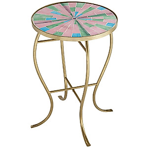 Teal Island Designs Pastel Modern Gold Metal Round Outdoor Accent Side Table 14 1/4" Wide Pink Green Hand-Crafted Mosaic Glass Tile Tabletop Gracefully Curved Legs for Porch Patio House Balcony