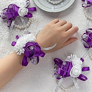 WeddingBobDIY 12Pcs/lot Women Bride Bridal Bridesmaid Wrist Corsage Silk Rose Pearls Girls Wedding Hand Flowers Party Decoration (Purple)